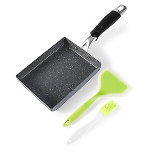 RATWIA Japanese Omelette Pan,Non-Stick Tamagoyaki Egg Pan Small Frying Pan with Anti Scalding Handle,5"x 7" Rectangle Pan with Silicone Spatula & Brush,Gray