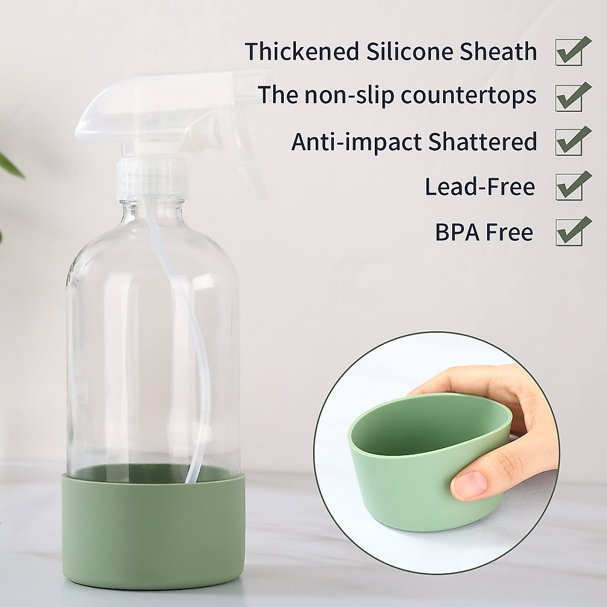 HOMBYS 16 Oz Clear Glass Spray Bottles with Silicone Sleeve,Empty Boston Bottle Spray Bottle with Adjustable Nozzle,Refillable Container for Cleaning, Essential Oils, Hair, Plants