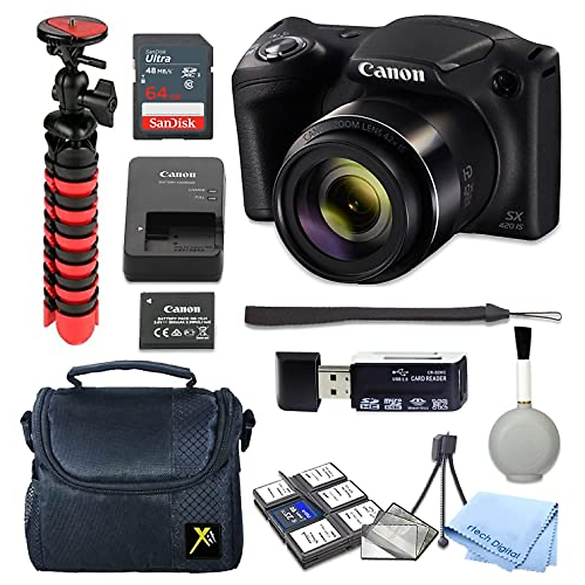 Canon PowerShot SX420 is Digital Camera (Black) with 64GB SD Memory Card + Accessory Bundle Rtech Cloth (CANSX420w64) (Renewed)