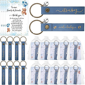 Ecally 50 Sets Baby Shower Favors for Guests PU Leather Keychain Bear Thank You Cards Organza Bags Gender Reveal Gifts (Blue, Boy Style)