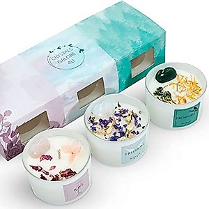 Crystals Galore 4U Healing Crystal Candles - Organic Candles with Pink Rose Quartz, Opal, & Green Aventurine Rose Scent, Lavender Vanilla Scent, Silver Mountain Scent Gift Set 20hrs Burning Time