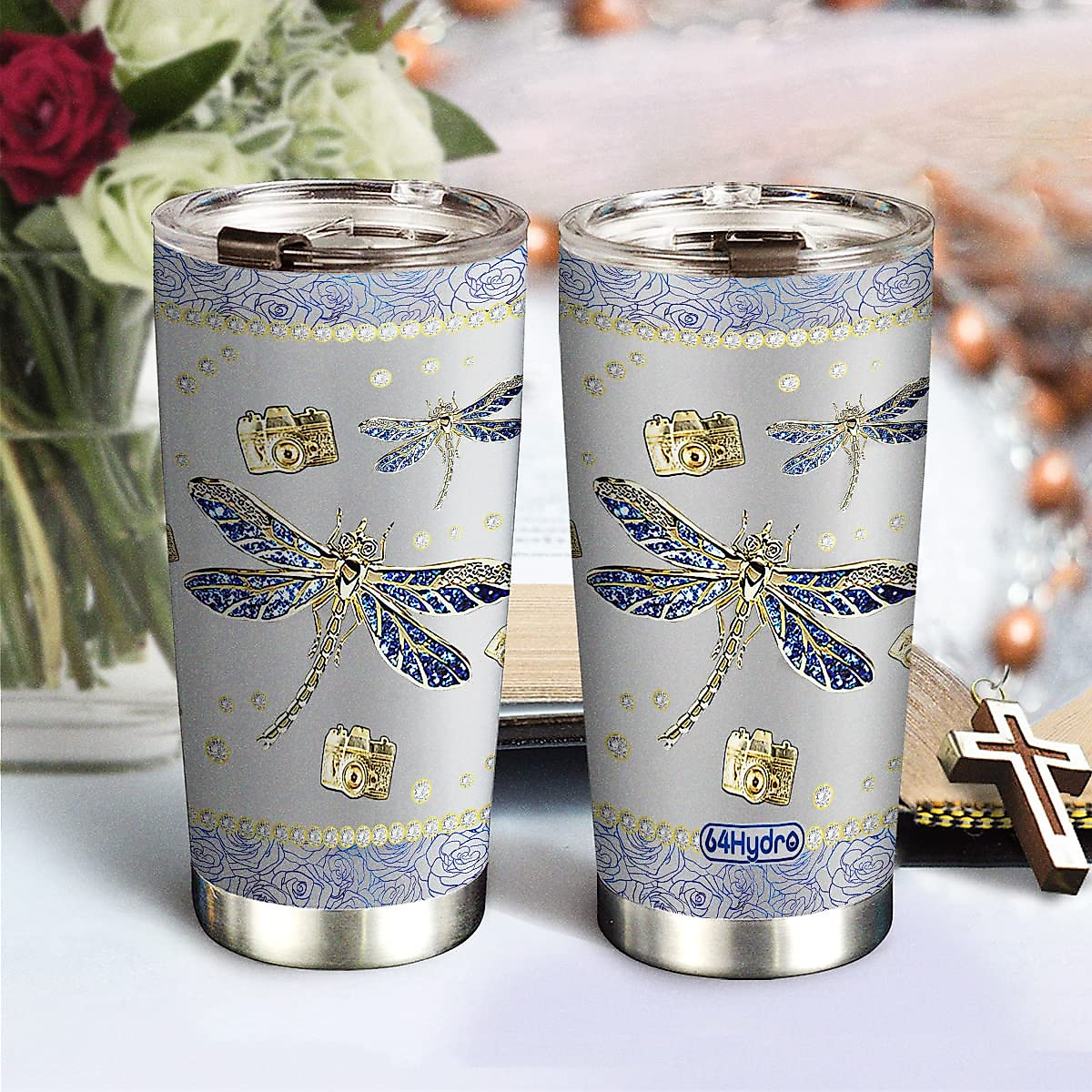 64HYDRO 20oz Dragonfly Gifts for Dragonfly Lovers, Valentines Day Gifts for Her, Birthday Gifts for Women, Mom, Daughter, Printed Jewelry Photographer Dragonfly Tumbler Cup, Travel Coffee Mug with Lid