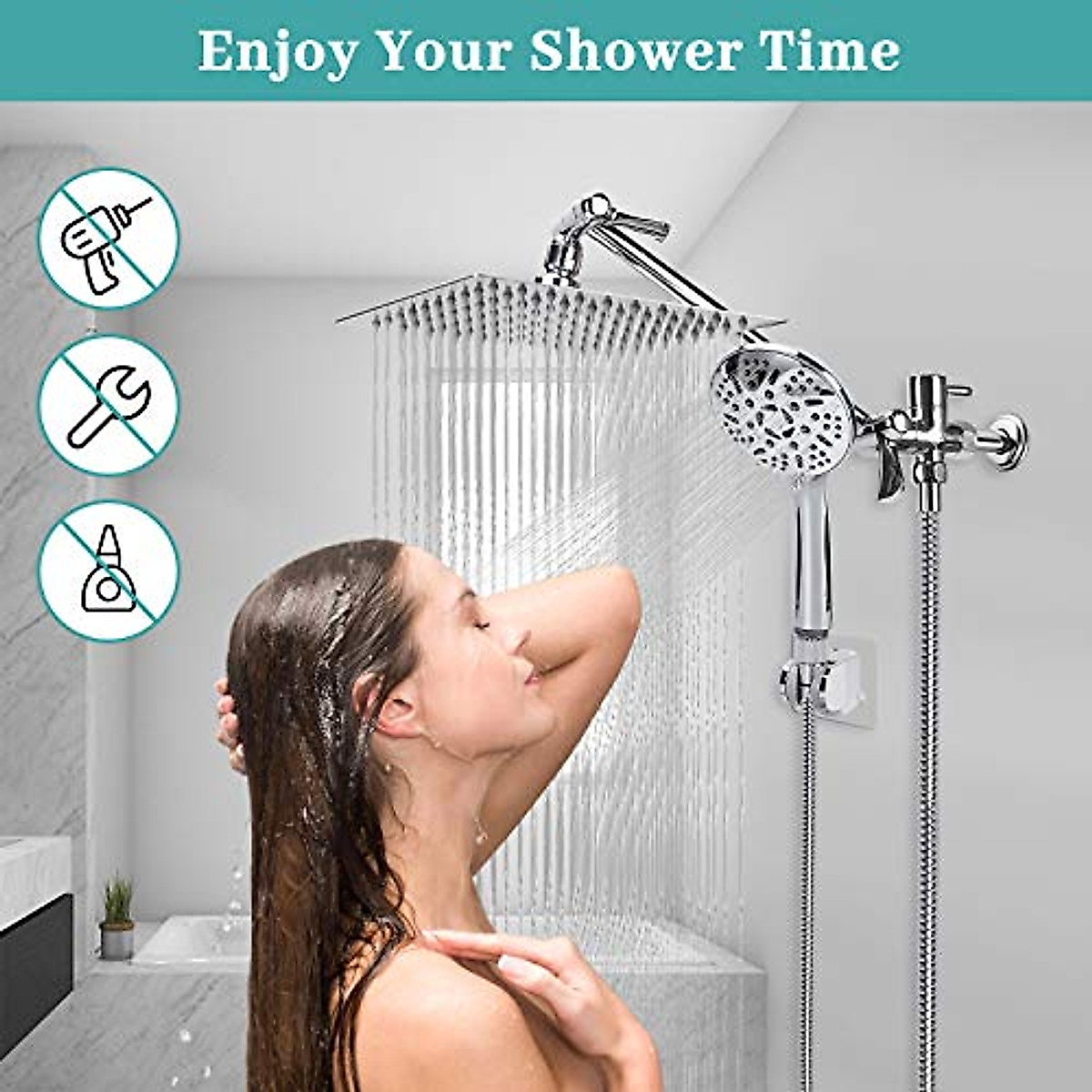 Rain Shower Head with Handheld, Lanhado 8'' High Pressure Rainfall Shower Head with 11'' Extension Arm, 9 Settings Handheld Shower Heads with Holder & Hose, Anti-leak Waterfall Showerhead, Chrome