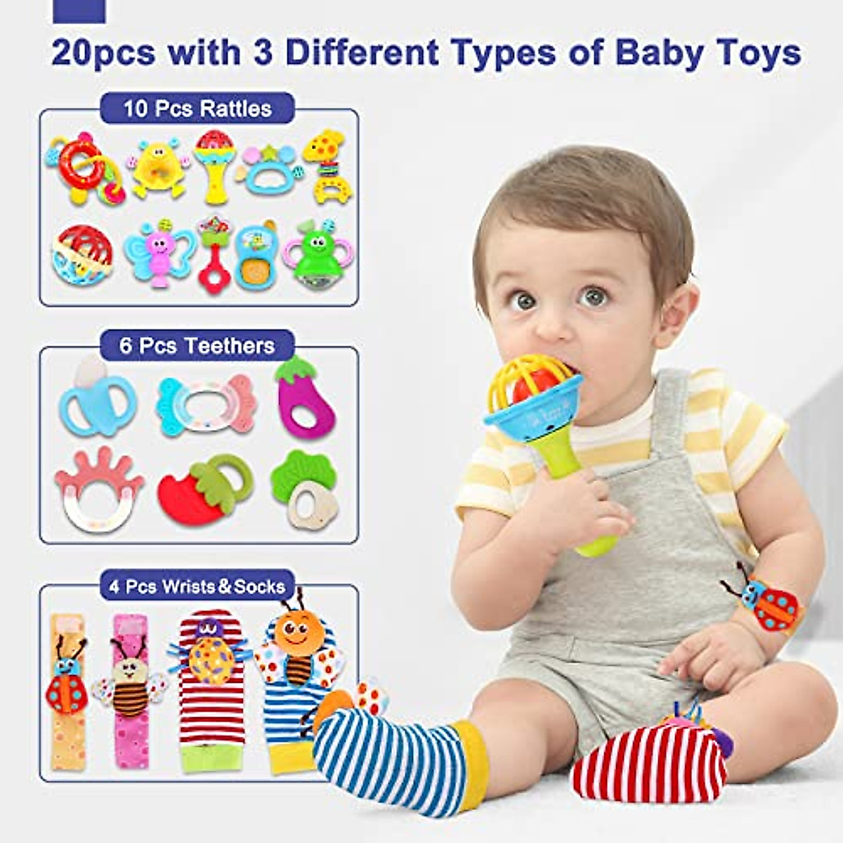 AZEN 20PCS Baby Toys 6 to 12 Months, Teething Toys for Babies 0-6 Months, Baby Toys 0-3 3-6 Months, Newborn Infant Toys 0-6 Months, Baby Rattles 0-6 Months