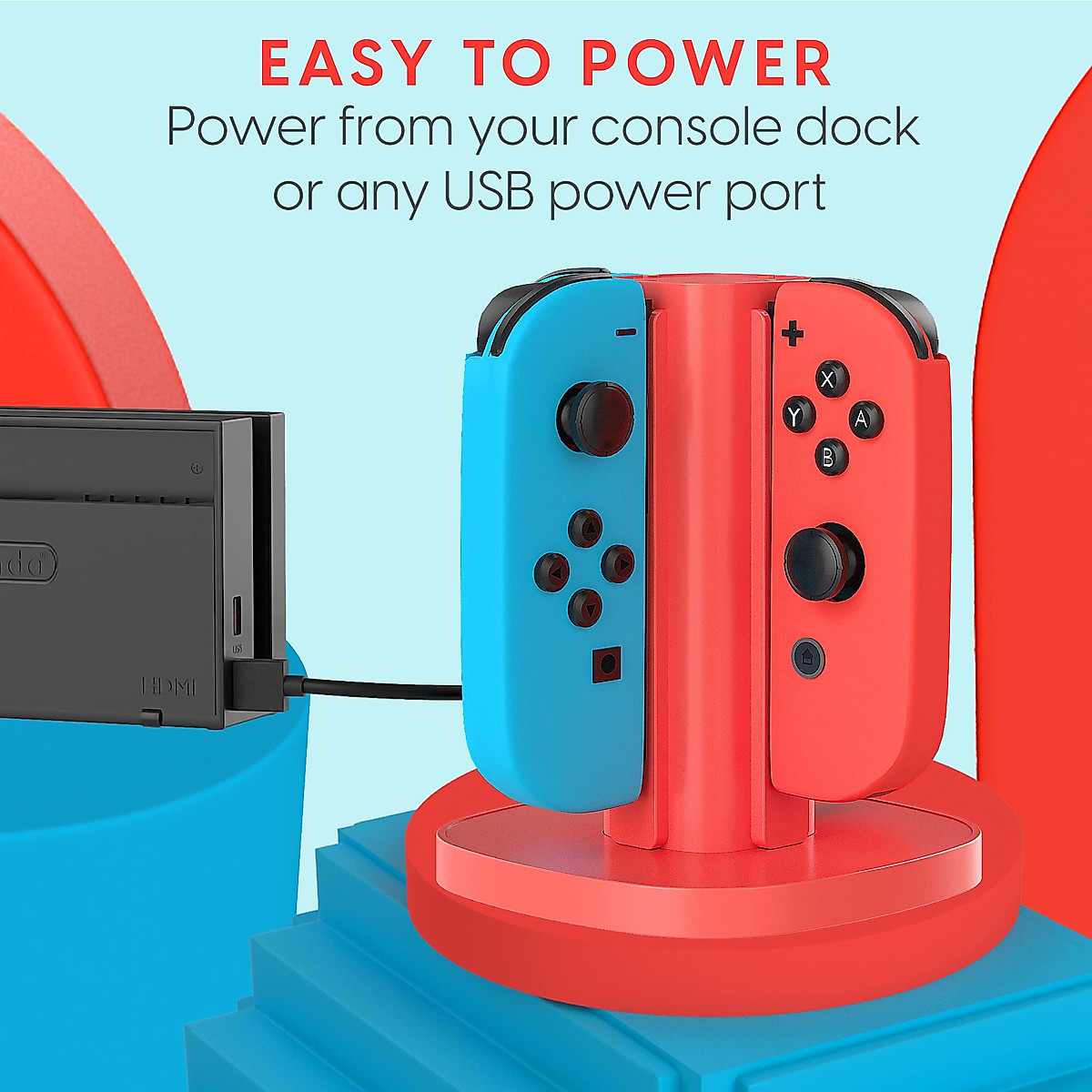 Talkworks Joy Con Charging Dock for Nintendo Switch - Docking Station Charges Up to 4 Joy-Con Controllers Simultaneously (Controllers Not Included) - Red - Nintendo Switch