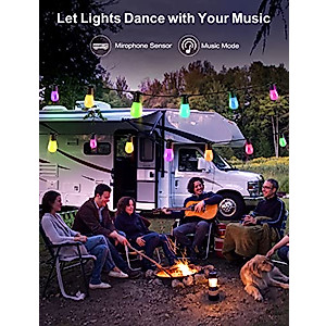 Jevindo Solar Outdoor String Lights, Portable 48ft IP65 Waterproof Patio RGB LED String Lights with 15 LED Bulbs Dimmable Multi-Color, Smart Bluetooth App Control, Balcony, Backyard, Camping, Travel