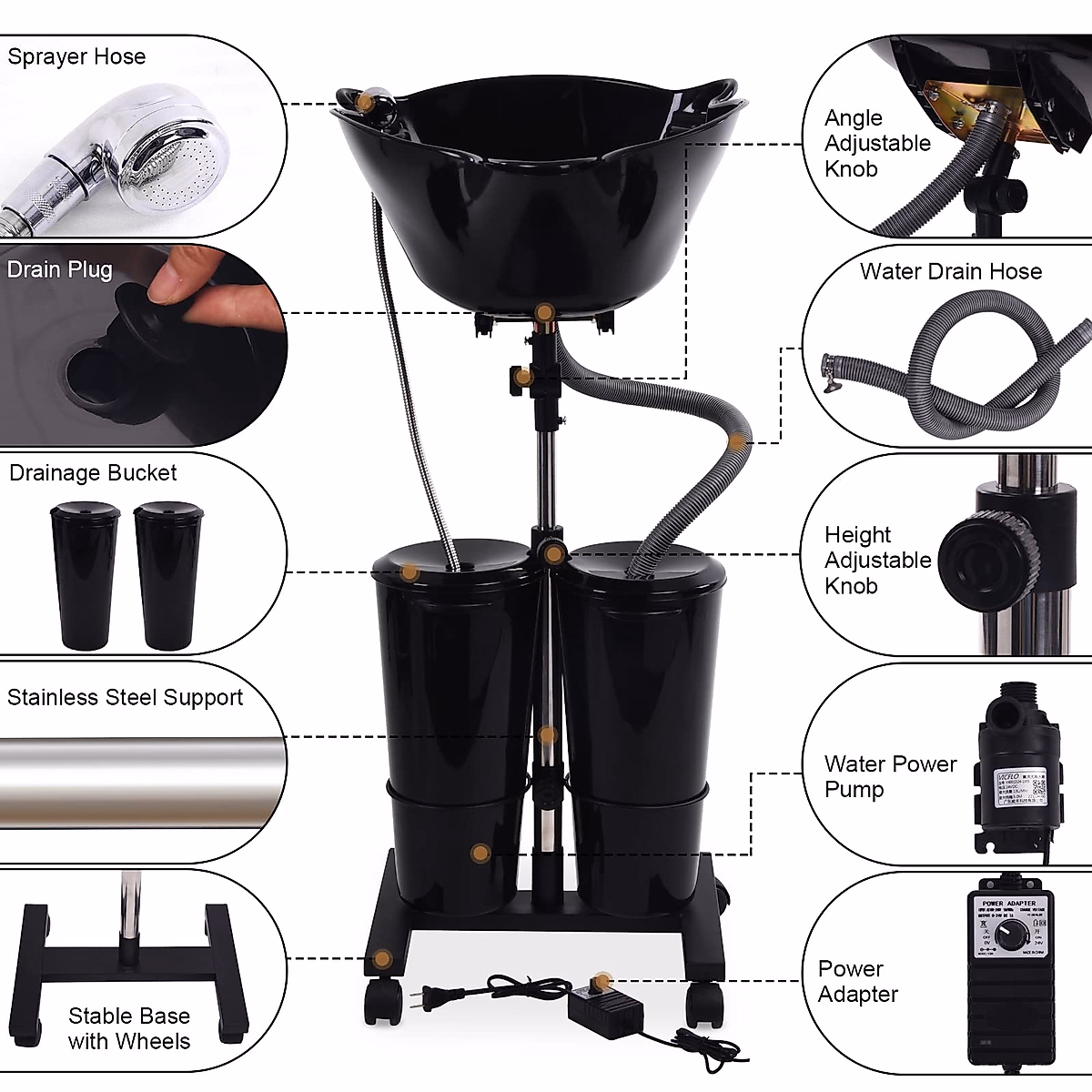 SyyBhb Portable Shampoo Bowl with Electric Pump, Portable Hair Washing Sink with Wheels, 2 Tanks for Water Storage and Drainage, Sprayer and Drain Hose, Adjustable Height & Angle