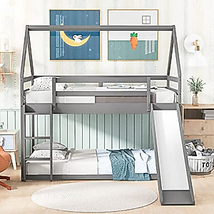 Twin Size Bunk House Bed with Convertible Slide and Ladder,Twin Over Twin Wooden Bed Frame with Guardrails for Kids Teens Girls Boys,Gray
