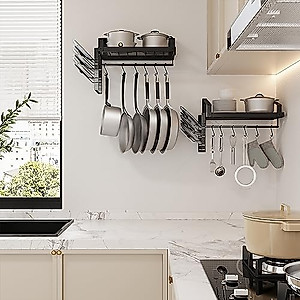 KINDEN 2 Pack 23 Inch Pot Rack Wall Mounted,Hanging Pot Organizer and Pans Lids Storage, Kitchen Cookware Hanging Shelves with 12 Hooks (Black)