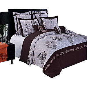 sheetsnthings Embroidered Gizelle 210-Thread-Count, 100-Percent Cotton 7PC Full-Queen Duvet Cover Set, Brown, Light Pink and Grey