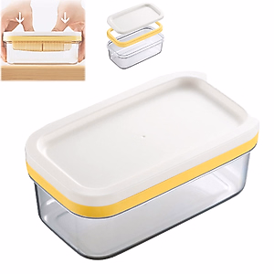 Butter Dish with Lid Rectangle Butter Keeper with Cutter Slicer for Easy Cutting and Storage, Butter Box for Refrigerate Butter Container Butter Case(White + Yellow)
