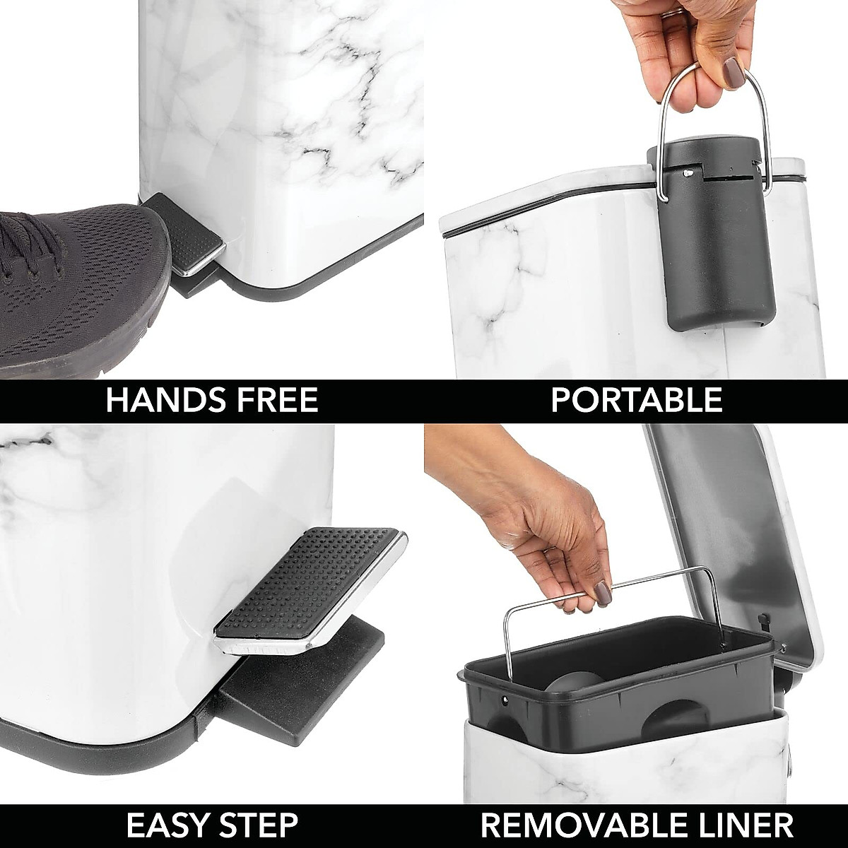 mDesign Slim Metal Rectangle 1.3 Gallon/5 Liter Trash Can with Step Pedal, Easy-Close Lid, Removable Liner - Narrow Wastebasket Garbage Container Bin for Bathroom, Bedroom, Kitchen - White Marble