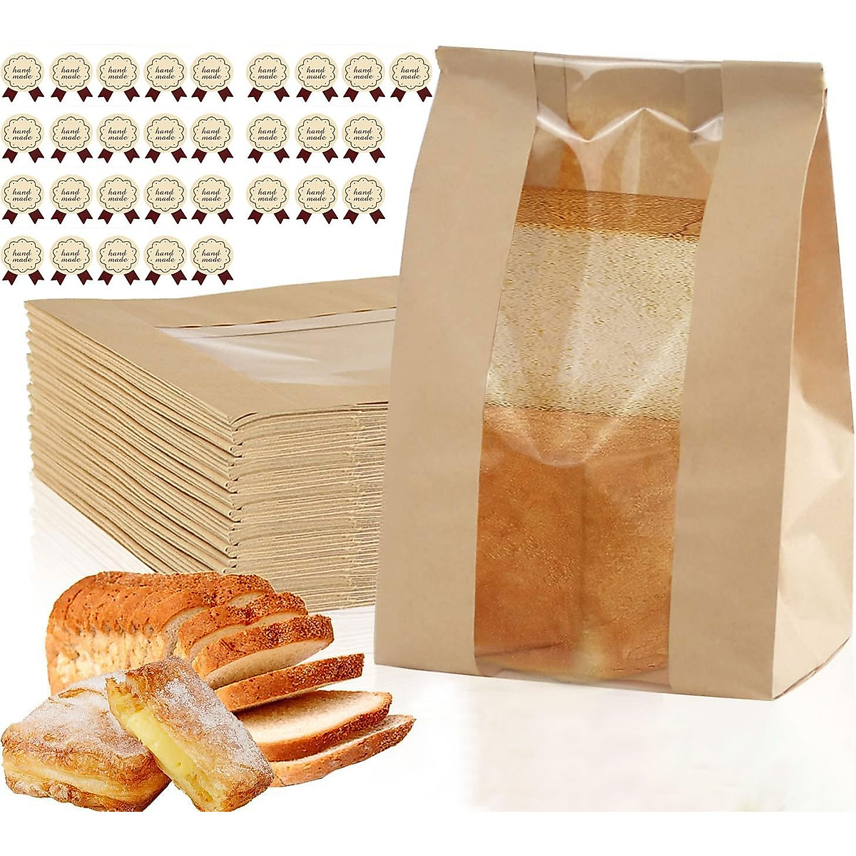 Paper Bread Bags - 30 Pack - Homemade Bread Storage Bags with Clear Window Includes Label Seal Stickers -Bakery Packaging Bags for Cookies, Bread, and Treats - Large Kraft 13.7x8.2x3.5inch Brown