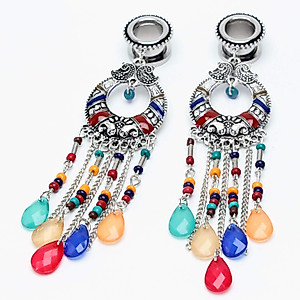 00G 10mm 316L Surgical Steel Multicolor Beads Tassel Dangle Ear Gauges Piercing Flesh Tunnels Plugs Statement Earrings