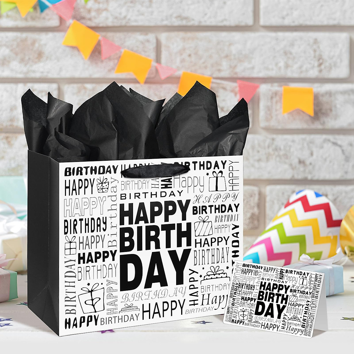 13" Large Black and White Happy Birthday Gift Bag with Tissue Paper and Card for Men Women Birthday