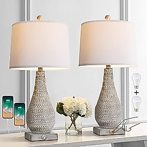 BOBOMOMO 3-Way 24.5’’ Dimmable Touch Control Table Lamp Set of 2 with Dual USB Charging Ports for Bedroom Living Room Farmhouse Traditional Bedside Lamps Rustic Nightstand Lamps (Bulbs Included)