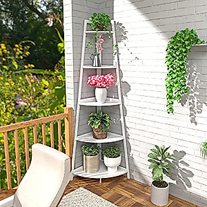 WTZ Corner Shelf, 5 Tier Bookshelf, 70.8 Inch Tall Bookcase, Open Ladder Book Case, Modern Bamboo Corner Storage Bookshelf Stand in Living Room, Bedroom, Office, Kitchen, White