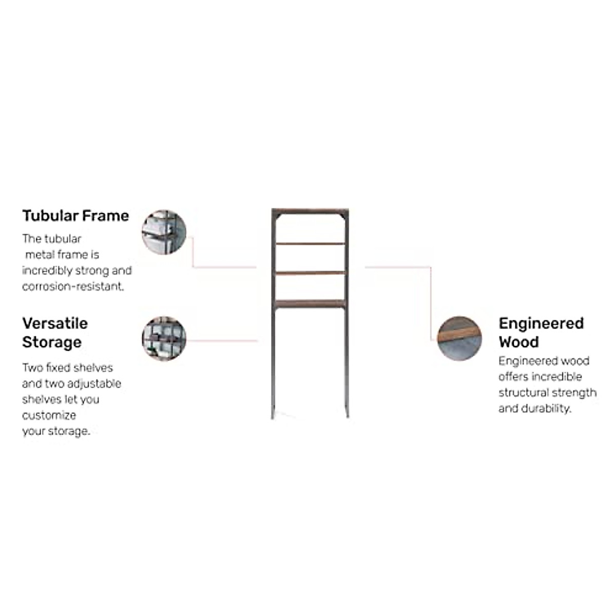 Home Styles Barnside Metro Gray Bathroom Shelf with Two Adjustable Shelves, Brushed Pine Veneer Shelves, and Powder Coated Metal Frame