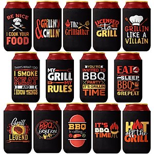 BBQ Party Decorations Can Coolers - Pop Nordic 14 Pack Funny Beer Can Sleeves Bulk, Reusable Neoprene Beer Cozy for BBQ Party Favor Supplies