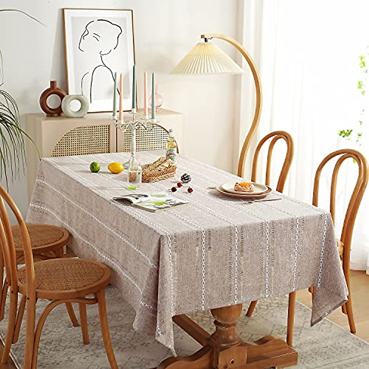 Chassic Rustic Farmhouse Style Hemstitched Embroidered Linen Tablecloth, Wrinkle Resistant Washable Dining Room tablecloths for Rectangle Tables, 60 x 84 inches - Light Coffee