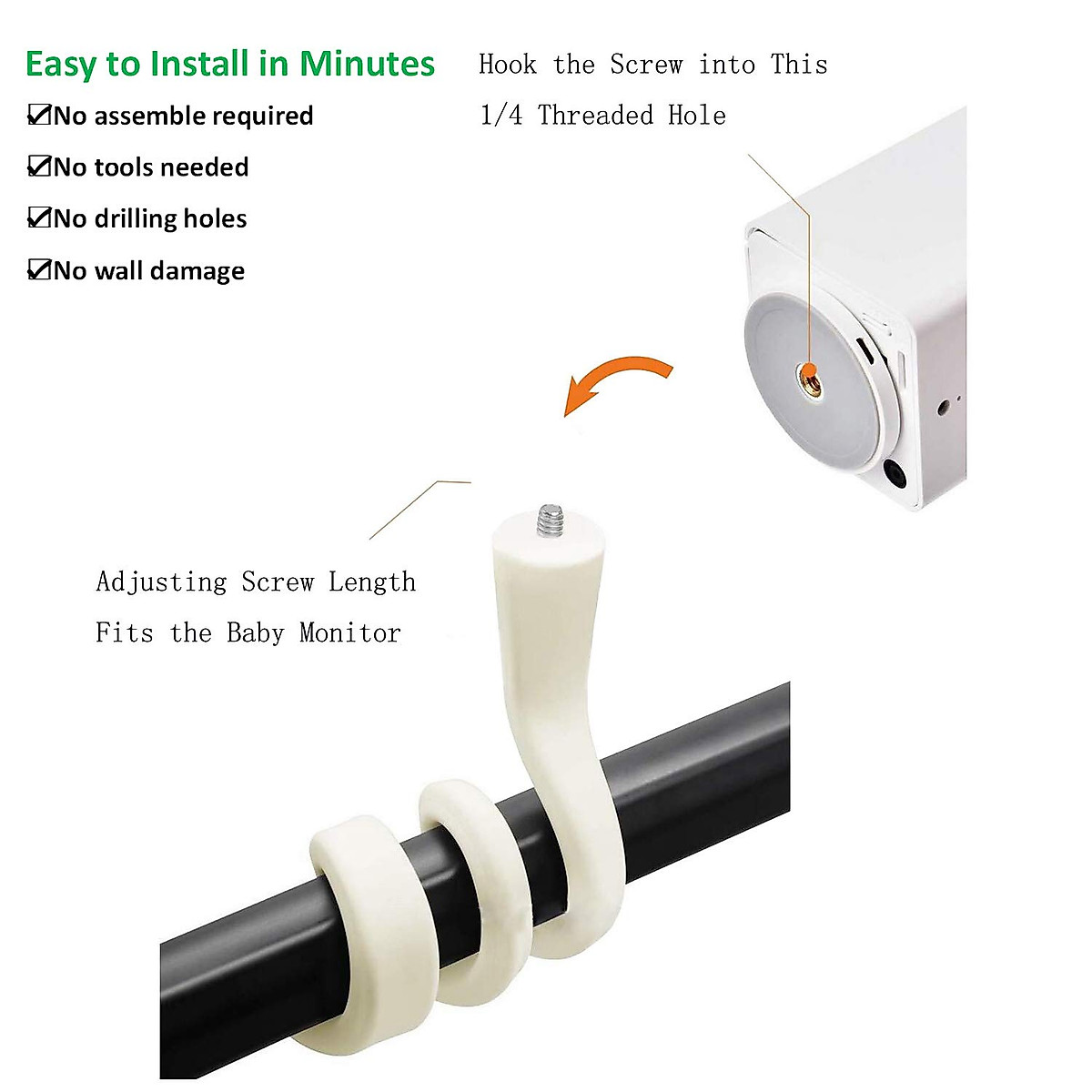 Baby Monitor Mount Shelf, Eoncore 360 Degree Infant Baby Camera Holder with 1/4 Threaded Hole Compatible with Arlo, Motorola, HelloBaby and Most Univeral Monitor Camera No Sticking No Drilling (White)