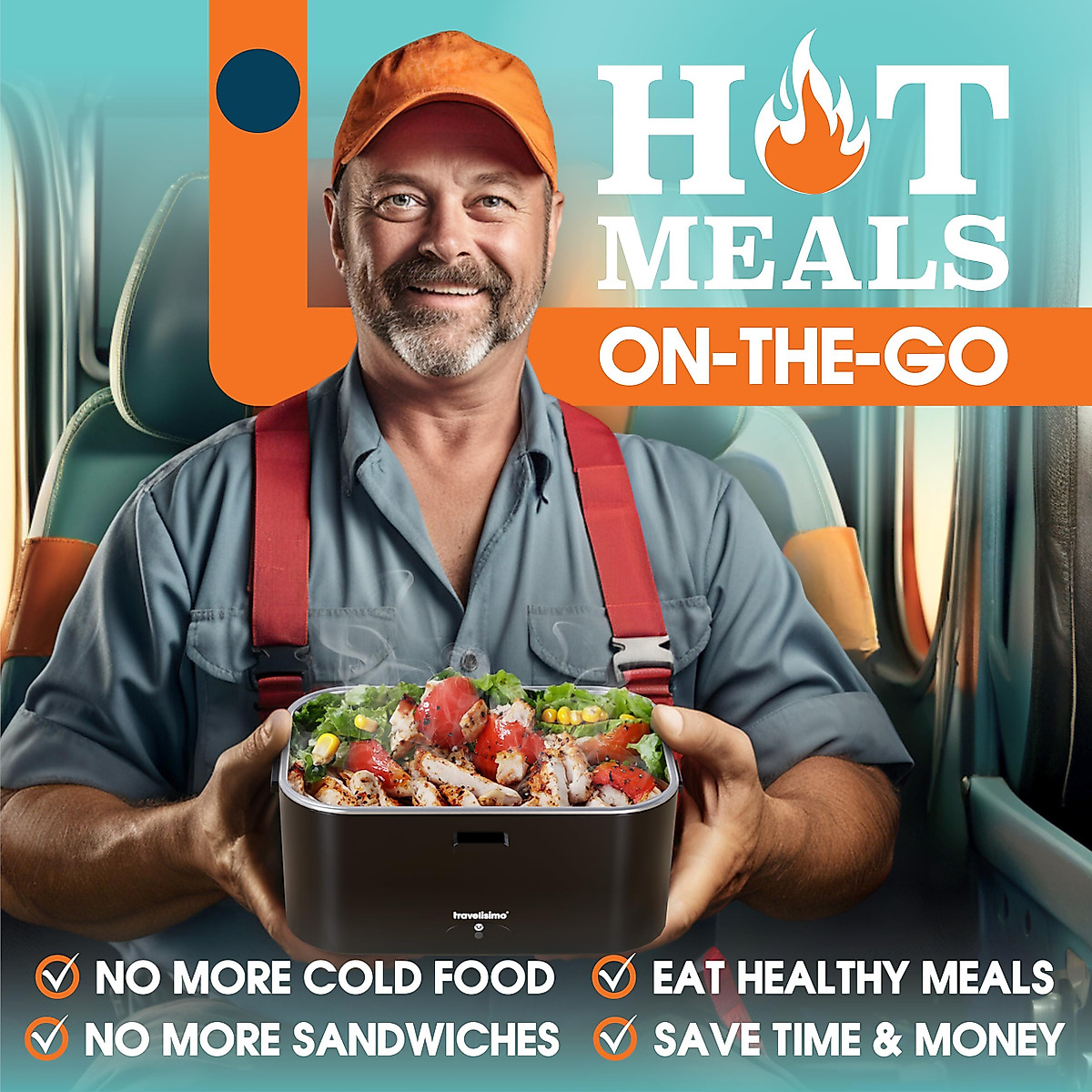 TRAVELISIMO Electric Lunch Box for Adults, 80W Heated Lunch Box 1.8L Stainless Steel Heated Lunchbox For Adults, 12/24/110V Portable Food Warmer For Car Truck Work, Lonchera Eléctrica Portátil