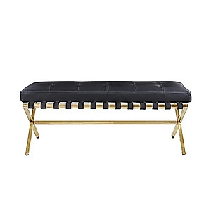Iconic Home Claudio PU Leather Modern Contemporary Tufted Seating Goldtone Metal Leg Bench, Black