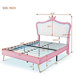 CITYLIGHT Full Size Upholstered Princess Bed with Crown Headboard, Wood Cute Kids Bed Frame Full with LED Lights and Metal Legs for Girls, No Box Spring Required (Full,Pink)
