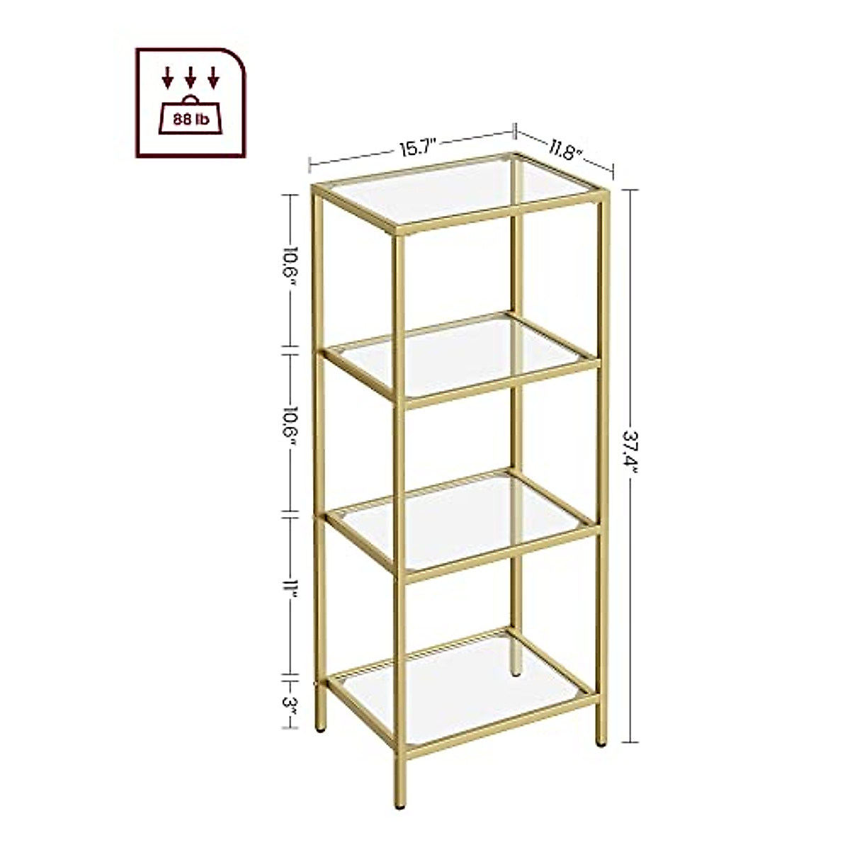 VASAGLE Bookcase, 4-Tier Bookshelf, Slim Shelving Unit for Bedroom, Bathroom, Home Office, Tempered Glass, Steel Frame, Gold Color ULGT28G