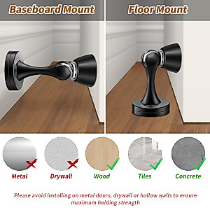 KOLAKO Door Stopper, Magnetic Door Stops, Brushed Satin Nickel, 2 Pack Wall Floor Mounted Black Magnetic Door Catch Door Holder, Stainless Steel Metal Soft-Catch Doorstop Door Stopper