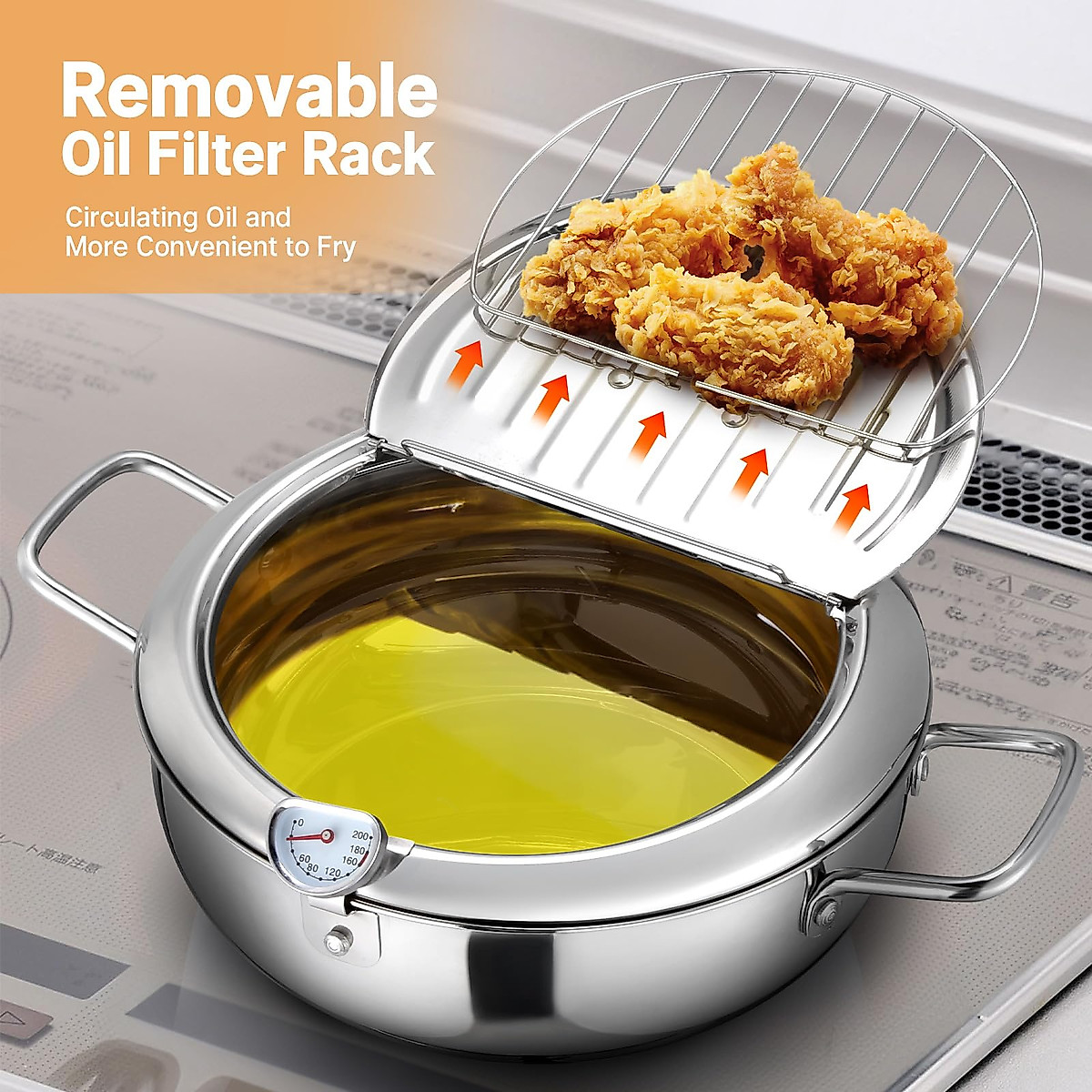 LEPO Deep Fryer Pot, 3.4L Japanese Tempura Deep Fryer Pot, 304 Stainless Steel Frying Pot With Thermometer,Lid And Oil Drip Drainer Rack for French Fries,Chicken,Fish and Shrimp