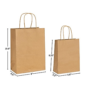 RACETOP 50 PCS Custom Kraft Paper Bags with Logo for Small Business, 8x4.5x10.8 Inch Medium Size, Personalized Gift Bags, Brown Shopping Paper bag with Handle Bulk, White Goodie Bags