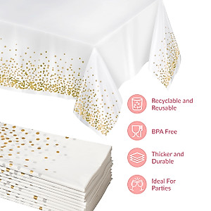 White Plastic Tablecloth - 4 Pack - 54 X 108 | Gold Dot Disposable Tablecloths | Plastic Tablecloth | White Tablecloths | Plastic Table Cover | Gold Tablecloths | Gold Party Decorations