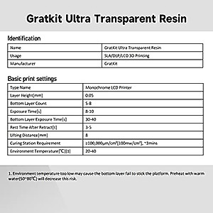 GratKit Ultra Transparent 3D Printer Resin, Non-Yellowing, High Clear 405nm Rigid Photopolymer Resin for LCD DLP 3D Printing 1000g