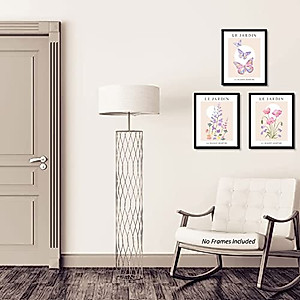 Le Jardin Posters for Room Aesthetic - Unframed Set of 3 (12x16 inch) Danish Pastel Room Decor, Butterfly Wall Art, Boho Wall Decor, Room Decor Aesthetic, Flower Market Posters, Purple Butterfly Pink Poppy Artsy Poster Prints for Living Room Bedroom by za