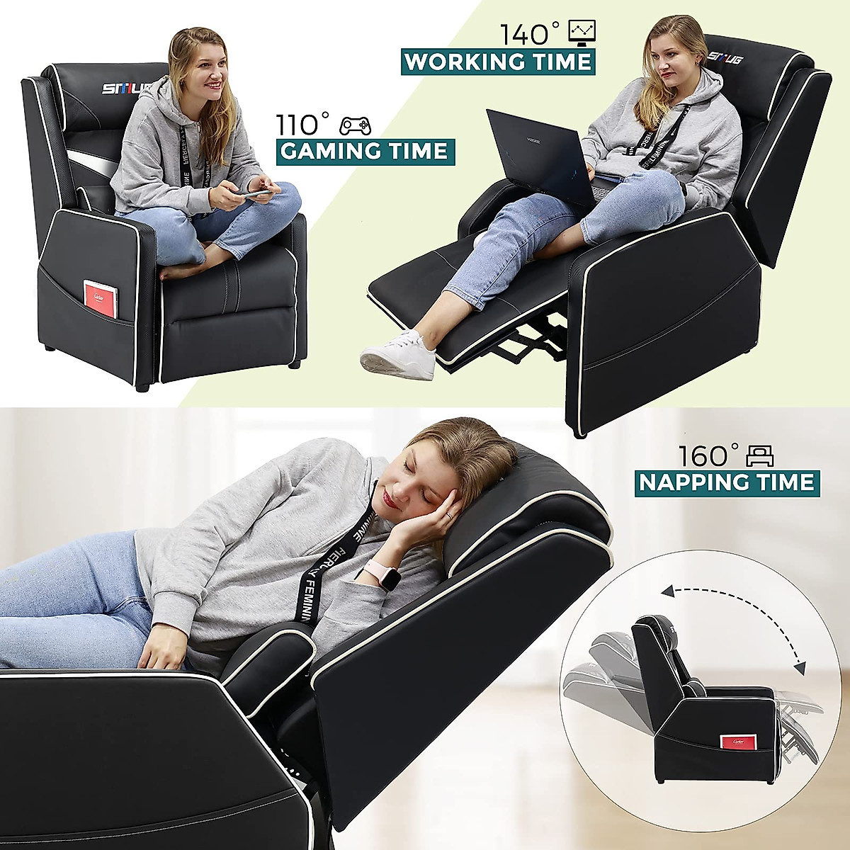 Gaming Recliner Gamer Chair for Adults - PU Leather Gaming Sofa Comfortable Movie Theater Chairs Ergonomic Single Couch for Living Game Room - White