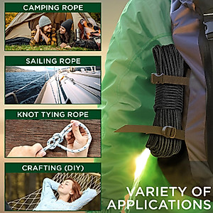 TECEUM Rope – 1/4” & 3/8” – 90 FT | 150 FT – Strong All-Purpose Utility Rope – Camping, Crafting, Flag Pole, Indoor & Outdoor – Polypropylene Nylon Poly Lightweight Diamond Braided Cord – Black