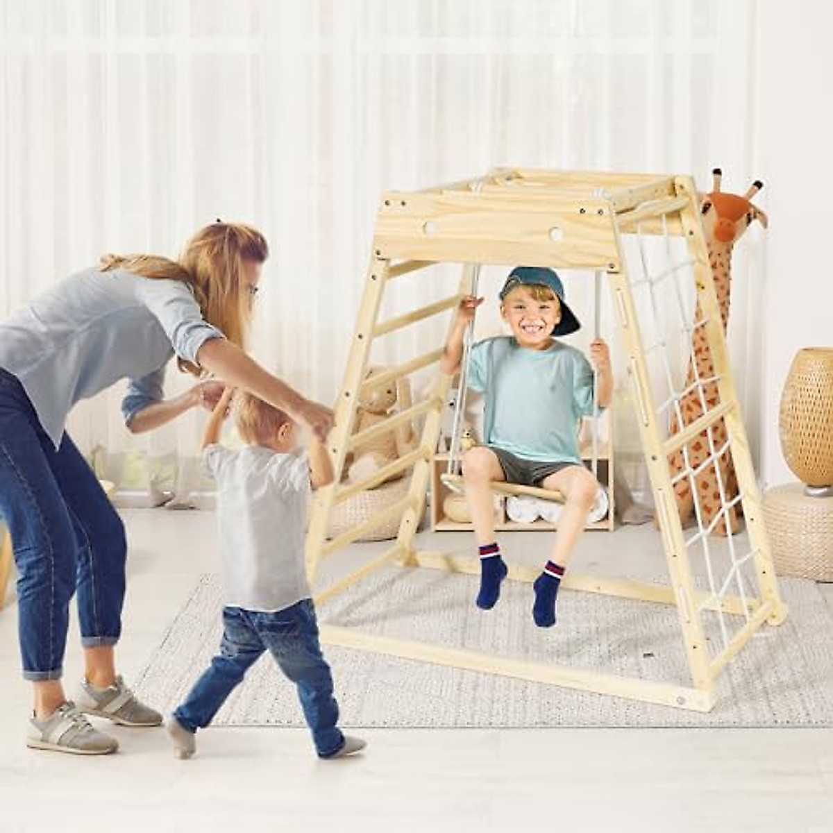 Climber,Indoor Playground Wood Playset 7-in-1 with Jungle Gym, Ramp, Slide, Swing, Swedish Ladder, Pine Wood, Rock Wall Dome for Kids Ages 1+