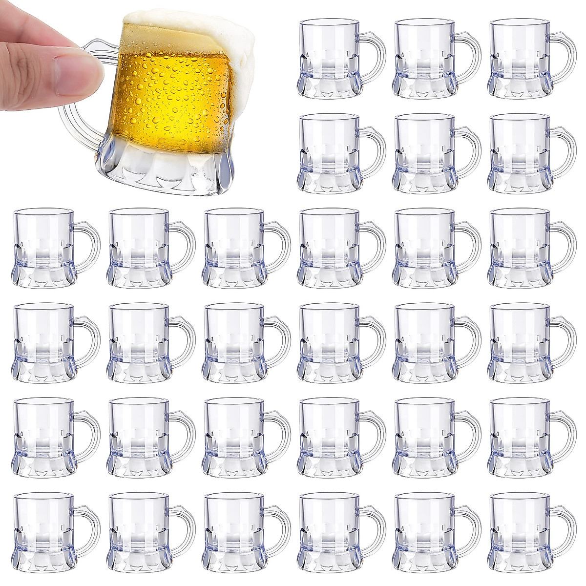 Breroa 30 Pieces Mini Plastic Beer Mugs 1 Ounce Mini Beer Mug Shot Glasses with Handles Clear Reusable Beer Stein Beer Tasting Glasses for Drinking Beer Festival Party Barbecue Wedding