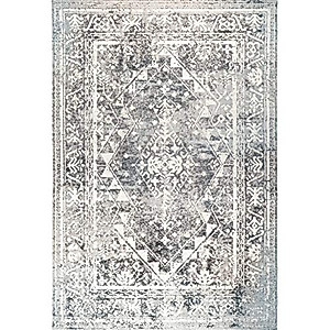 Nicole Miller New York Patio Sofia Ivy Transitional Distressed Indoor/Outdoor Area Rug, Grey/Aqua, 5'2"x7'2"