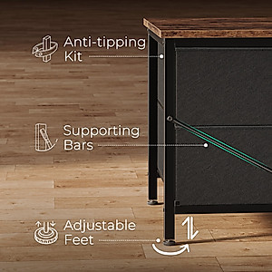 Huuger Dresser with 7 Drawers, 47 Inch Dresser TV Stand for 43, 50, 55 Inch TV, Wide Fabric Dresser Chest of Drawers, Metal Frame, Storage Dresser for Bedroom, Nursery, Clothing, Rustic Brown