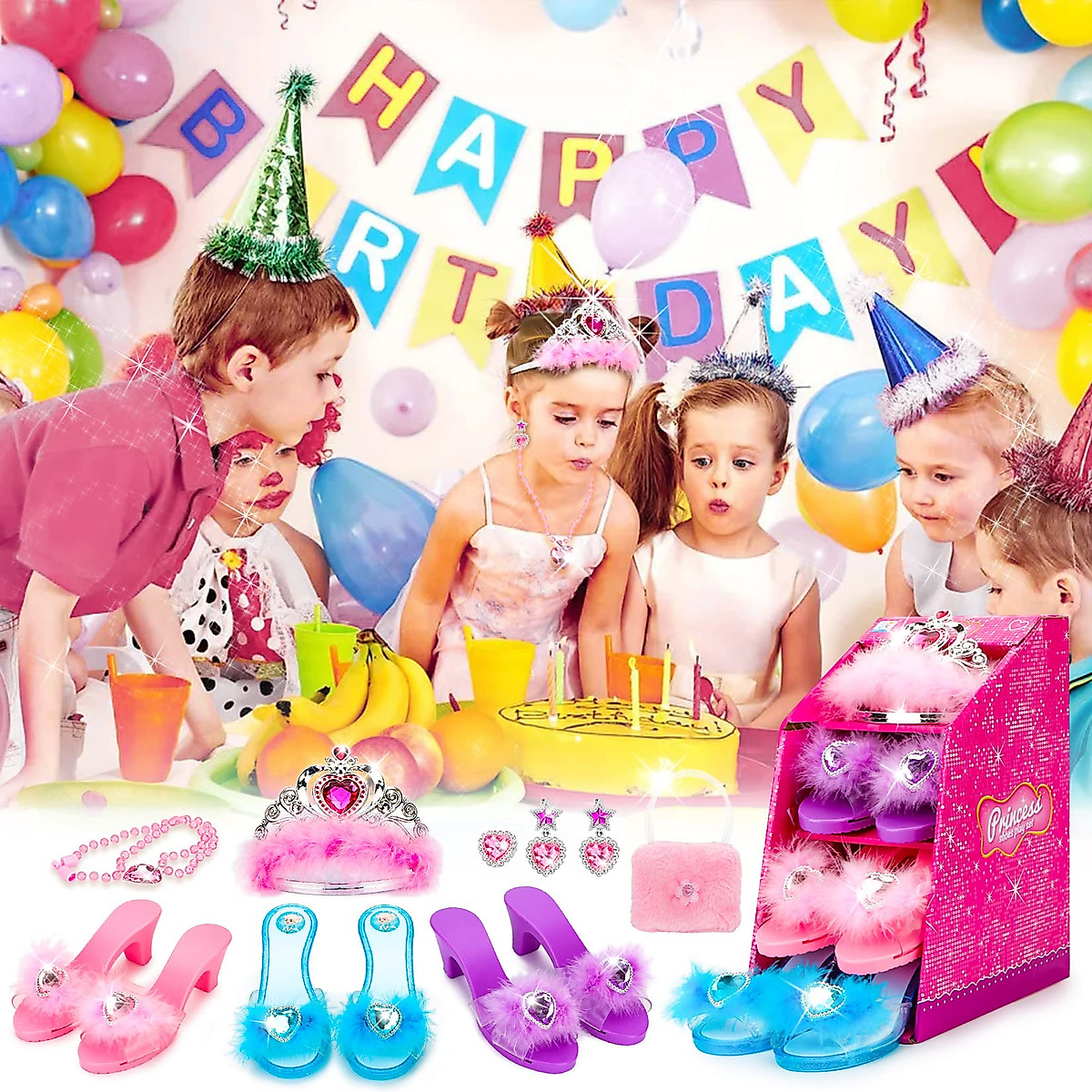 Princess Shoes and Girls Purse Jewelry Toys, Princess Dress Up Clothes for Little Girls, Toddler Dress Up Shoes, Crown Necklace Earrings, Ring, Girls Toys for Little Girls 3,4,5Years Old Pink