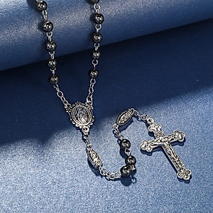 Rnivida Black Hematite Beads Rosary Virgin Mary Cross Rosary Necklace with Jesus Crucifix, Miraculous Mary Medal Rosary Catholic Prayer Gifts for Women