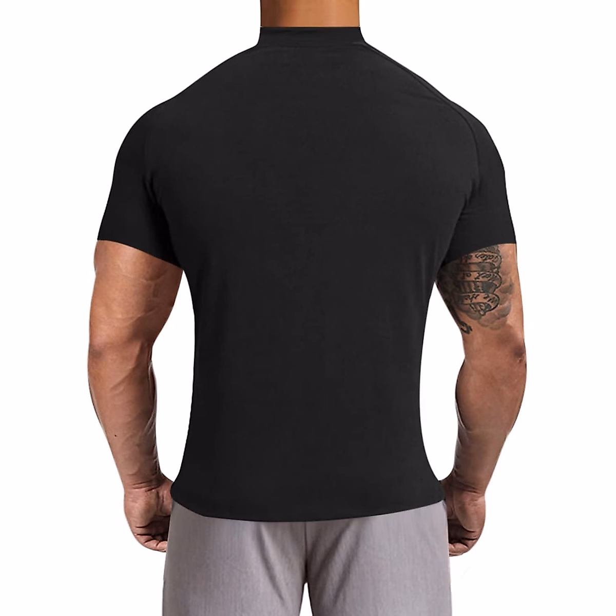 Men's Mock Turtleneck Short Sleeve Pullover Shirts Athletic Muscle Undershirt Thermal Top Black L