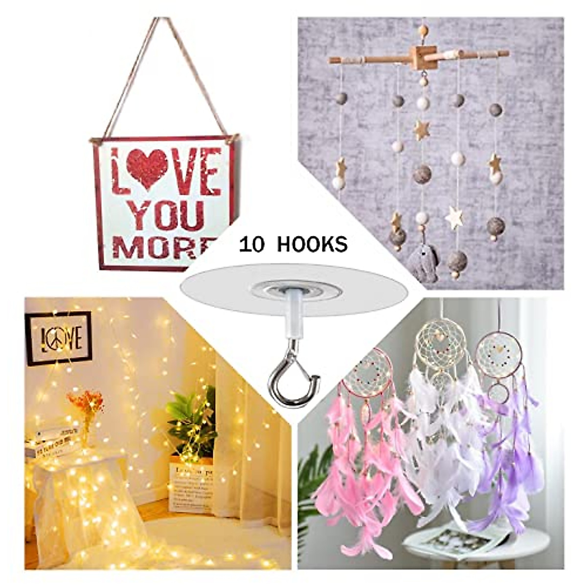 No Hole Adhesive Ceiling Hooks for Hanging Light Plants,Sticky Eye Hooks for Hanging Boby Mobile Curtain,Set of 10 (Round)