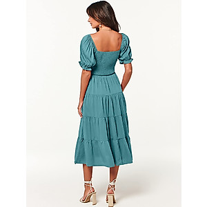 ANRABESS Women's Casual 2024 Summer Fashion Midi Dress Puff Short Sleeve Square Neck Smocked Tiered Boho Beach Dresses Lake-S