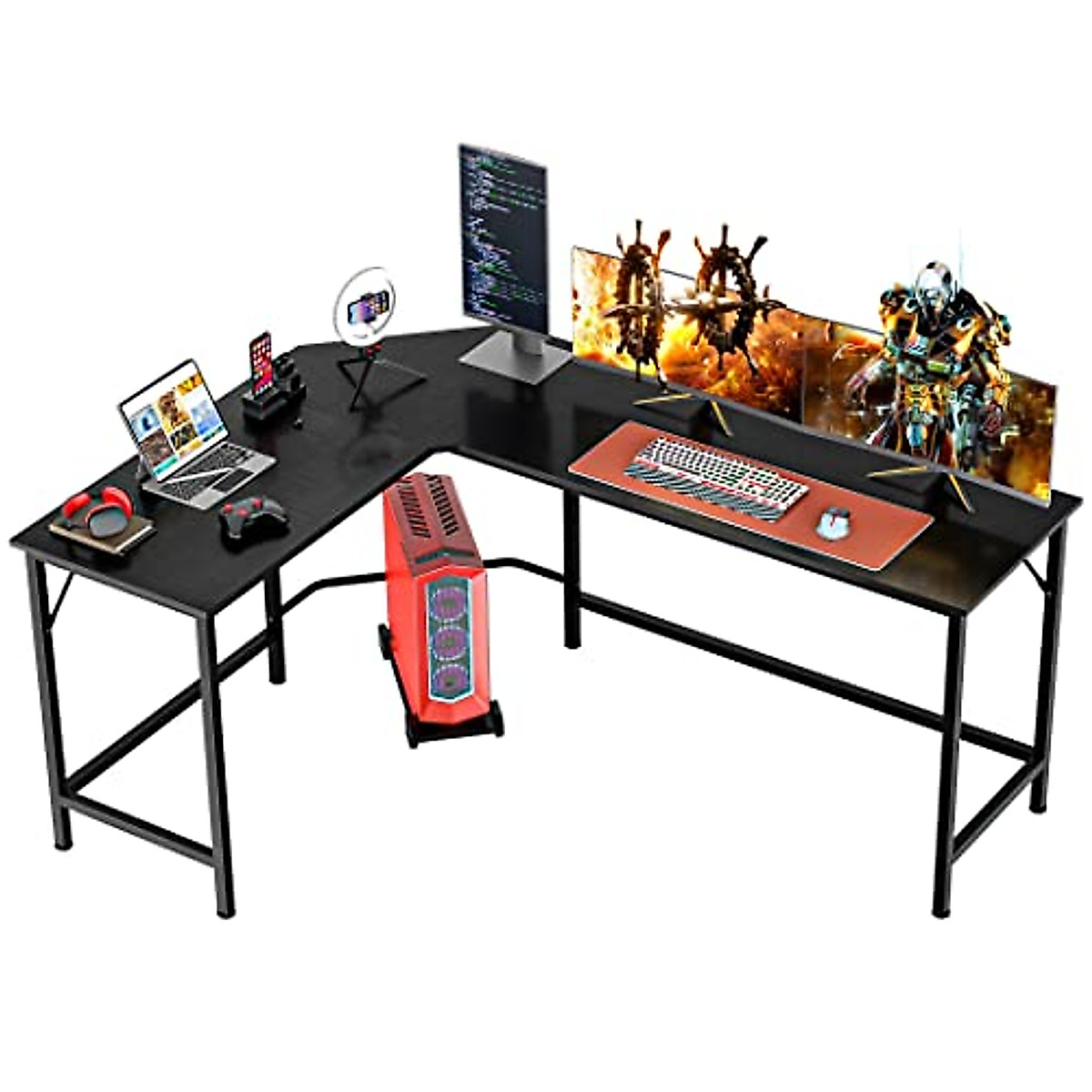 SUPER DEAL 66" L Shaped Gaming Corner Computer Desk with CPU Stand and Foot Rest Bar, PC Laptop Study Table Workstation Gaming Desk for Home Office, Black