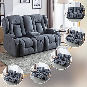 URRED Manual Recliner loveseat Chair with Console for Living Room Modern Manual-Pull Recliner Sofa Home Theater Lounge with Cup Holder,Storage for Home Theater Office (Blue-Grey Loveseat)