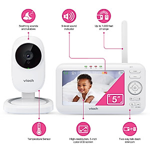 VTech VM5251 5” Digital Video Baby Monitor with Full-Color and Automatic Night Vision, White 5 inch