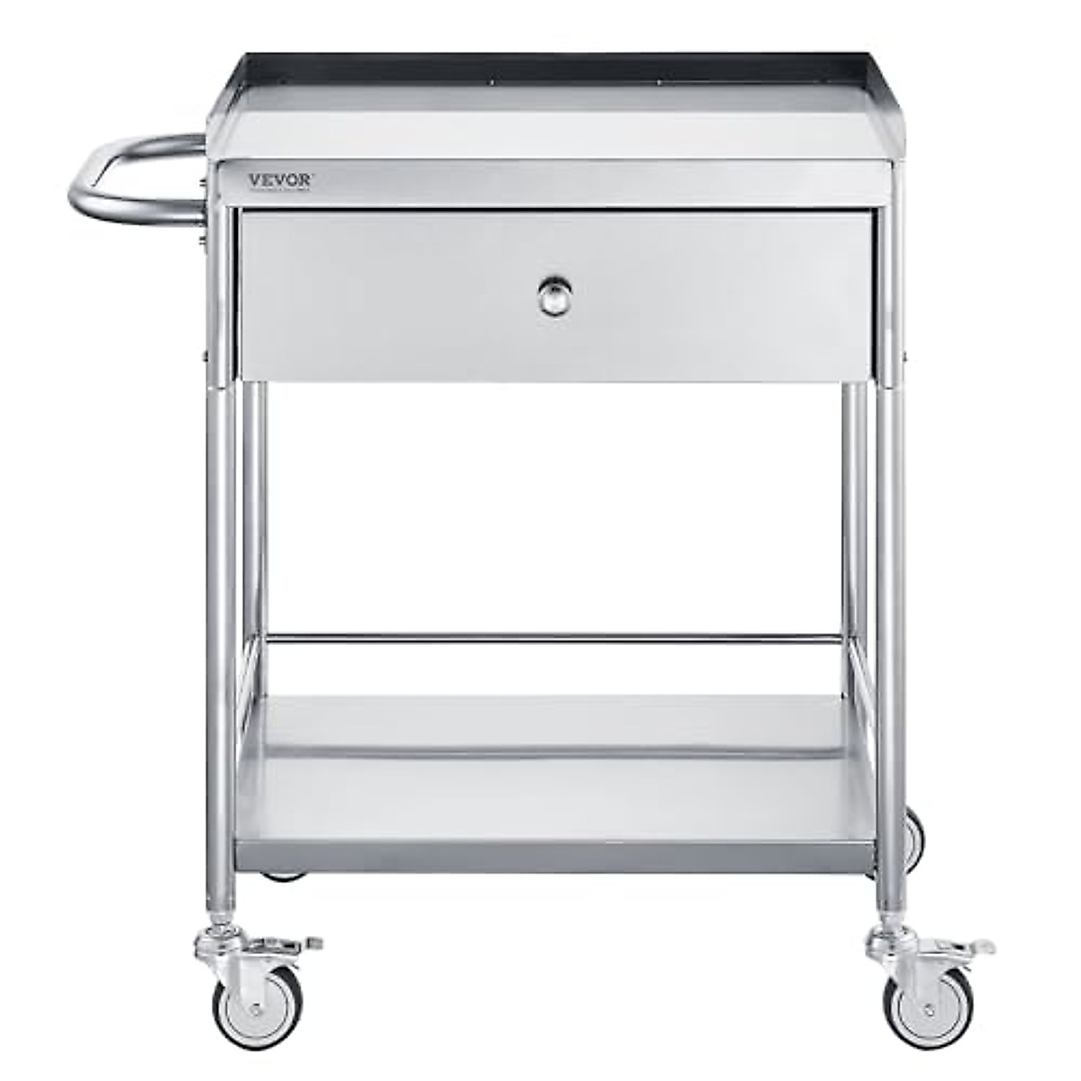 VEVOR Medical Trolley, Dual-Tier Stainless Steel Trolley with a 220 lbs Load Limit, Equipped with Quiet 360° Casters and a Drawer, Ideal for Laboratories, Clinics, Kitchens, and Salons